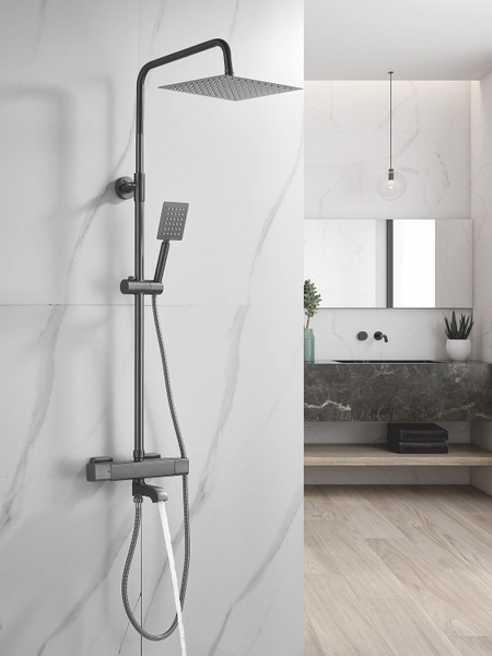 Душевая система с тропическим душем c термостатом Shevanik S3096T, оружейная сталь купить на ...