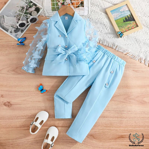 Комплект одежды Девочки DuDuKe лазурный, размер 110 Политекс Бант, Кружево Китай Пряжка ...