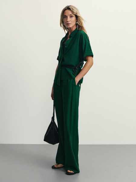 Брюки Женский Zarina прямые изумрудный Вискоза, Лен Повседневный, размер 48 Без застежки прямой ...