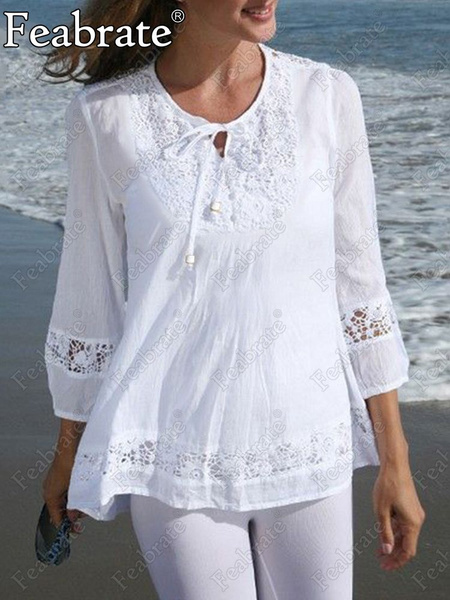 Блузка Женский Feabrate белый Штапель Три четверти Однотонный, размер 58 свободный Шнуровка ...
