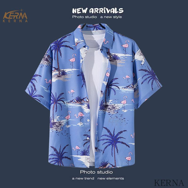 Рубашка Мужской KERNA синий Короткий Полиэстер Цветочный, размер 52, 54 облегающий Пуговицы ...