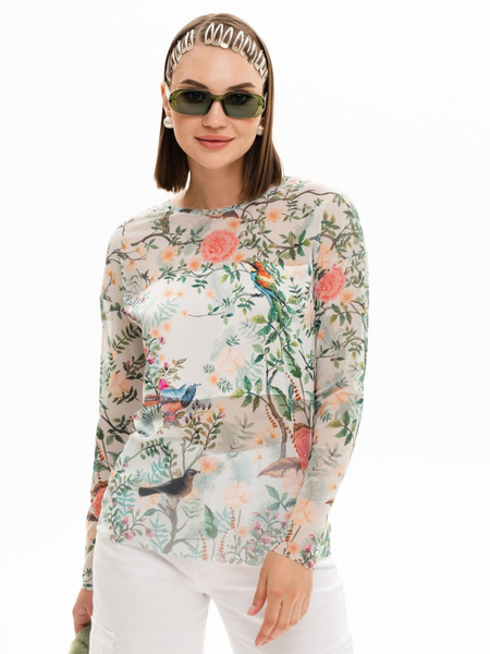 Лонгслив Женский SAHAR art lab белый, зеленый Длинный, размер 42, 44 Сетка Туризм прямой ...