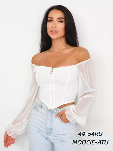 Боди Женский MOOCIE теплый белый Длинный, размер 44 Корсет Кнопки Шифон Однотонный Повседневный ...