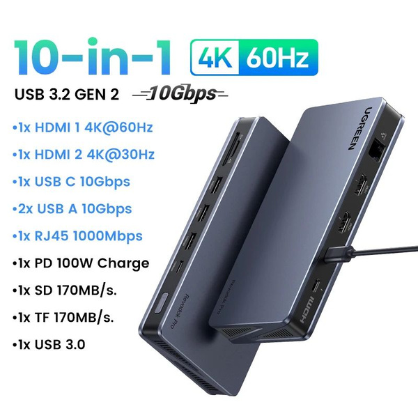UGREEN U700 15963 HDMI*2 USB C HUB 4K60Hz HDMI адаптер с RJ45 10Gbps USB3.2 PD 100W док-станция ...