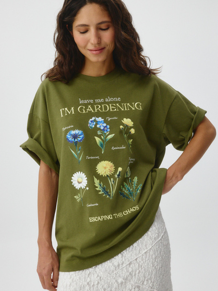 Футболка Женский SELA темно-оливковый, размер 44 Трикотаж оверсайз Повседневный Узбекистан ...