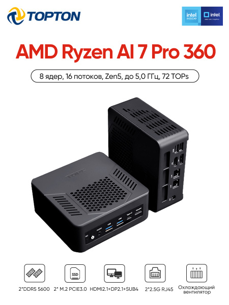 TOPTON Мини-ПК D12 PLUS (AMD Ryzen AI 7 PRO 360, RAM 16 ГБ, SSD 512 ГБ, AMD Radeon 880M, Windows ...