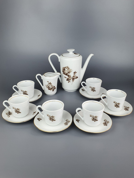 Винтажный КОФЕЙНЫЙ СЕРВИЗ Чайная Роза, KAHLA ГДР, белоснежный фарфор, роспись, 14 предметов 1970 ...