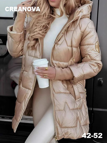 Пуховик Женский CREANOVA Карманы шампань V-образный Искусственный пух, размер 44 Длинный Зима ...
