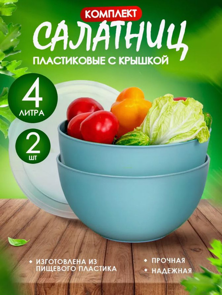 Салатница 2 шт Elfplast с крышкой 282 большая пластиковая миска для смешивания продуктов 4 л ...