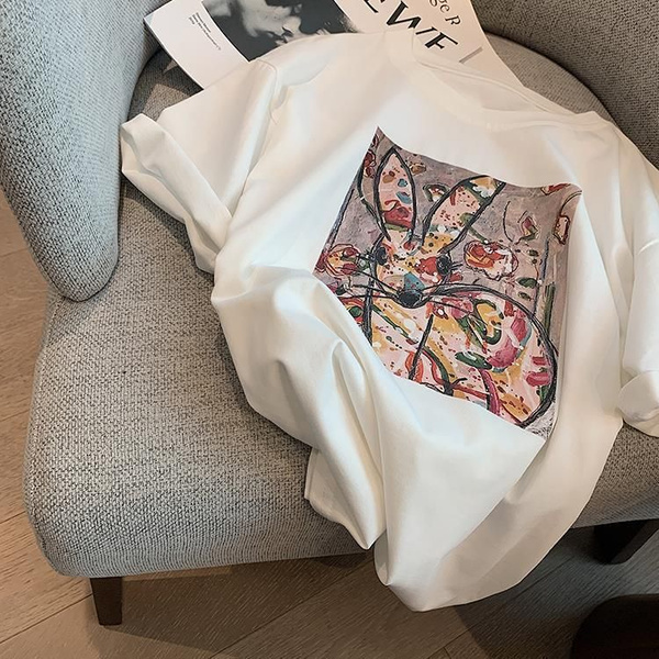 Футболка Женский Zara белый Короткий размер 46 Хлопок Орнамент Воротник Китай Легкая атлетика