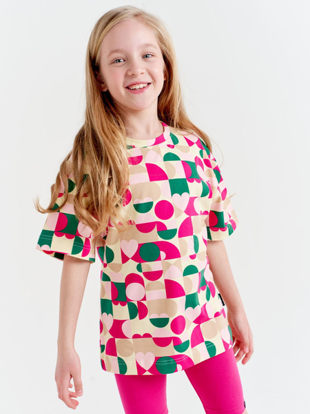 Футболка Девочки BUNGLY розовый, желтый Короткий, размер 140 Кулирная гладь Абстракция свободный ...