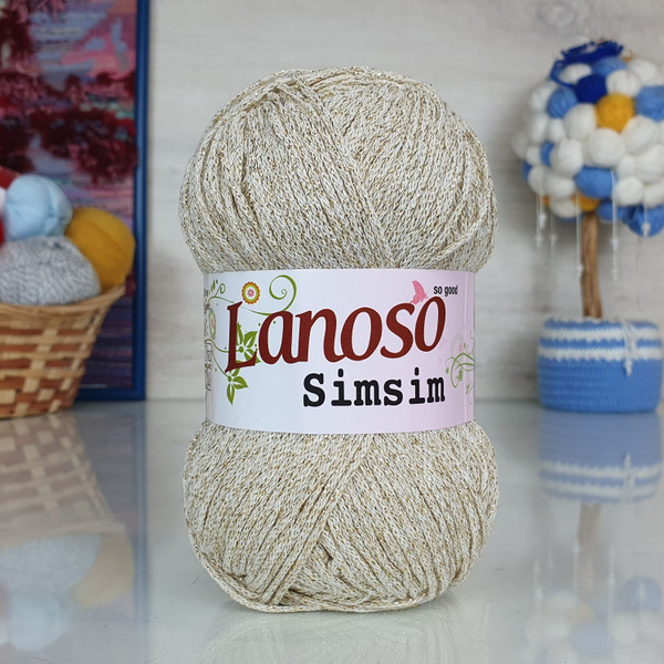 Пряжа Simsim Lanoso - 901 (бежевый) 3 мотка 85% хлопок, 15% металик, (100г, 240м) нитки для ...