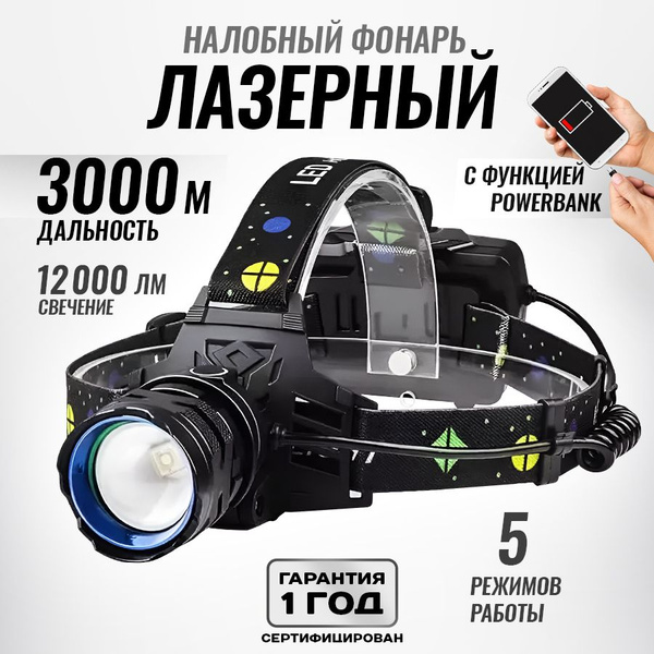 Фонарь налобный, лазерный светодиодный, аккумуляторный, бытовой, LED с ...