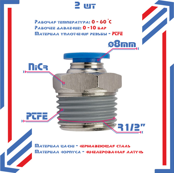 Фитинг прямой, наружная резьба 1/2", 8мм, 2шт. Штуцер быстросъемный, пневматический, цанговый ...