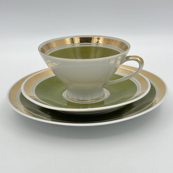 Чайное трио с геометрическим орнаментом, мануфактура WORKS GEHREN, фарфор, крытьё, золочение ...