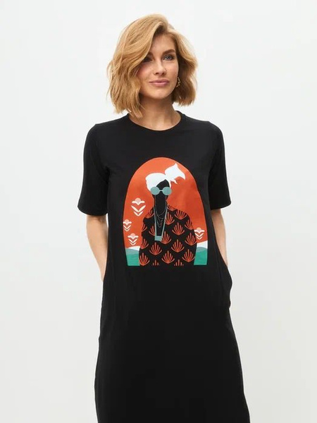 Платье Женский Instreet глубокий черный платье-футболка Домашний Укороченный Трикотаж Разрезы ...