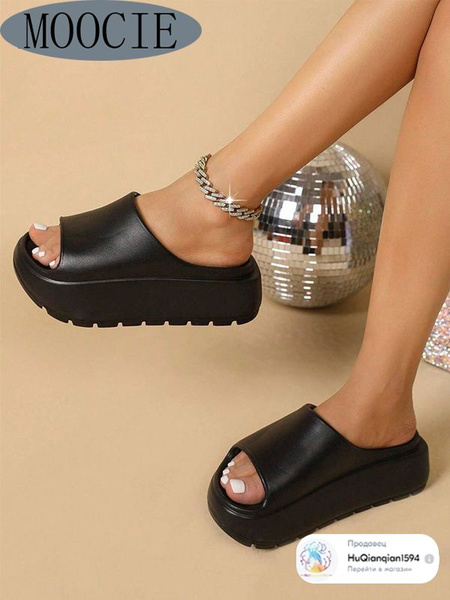 Шлепанцы Женский MOOCIE черный, размер 35, 36 EVA Круглый нос, Толстая подошва Без каблука Без ...