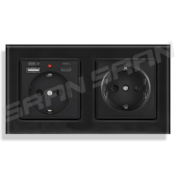 Розетка двойная с usb ,рама стеклянная черная 250В 16А - купить по ...