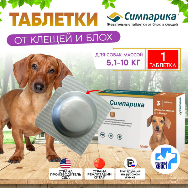 Zoetis Симпарика для собак от 5-10 кг 1 таблетка 20мг ,годен до 02 ...