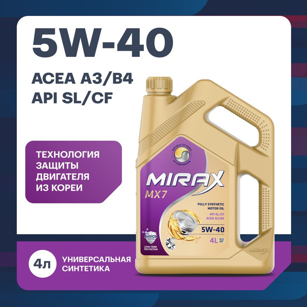 Характеристики MIRAX MX7 5W-40 Масло моторное, Синтетическое, 4 л ...