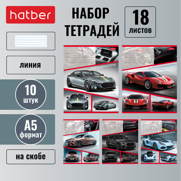 Набор тетрадей Hatber 10 штук / 5 дизайнов 18л А5 ЛИНИЯ на скобе скругленные углы серия ...