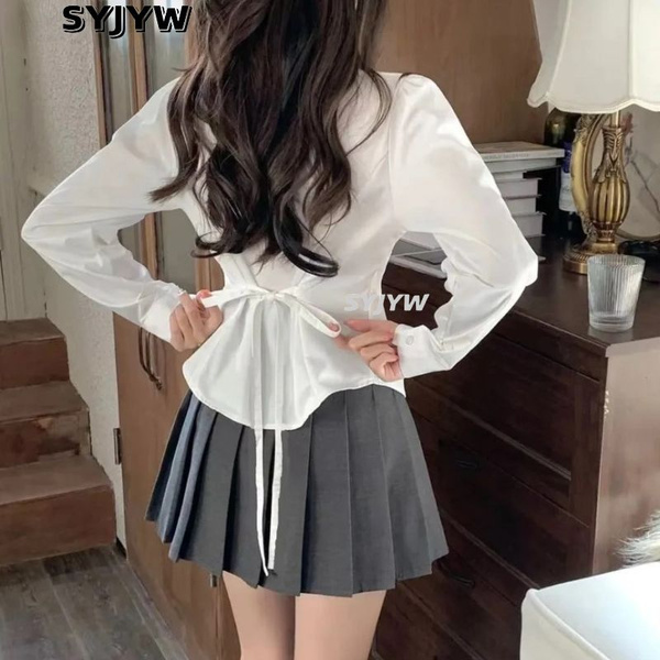 Рубашка Женский SYJYW белый Длинный Хлопок, Лавсан Декоративные пуговицы Однотонный, размер 46 ...