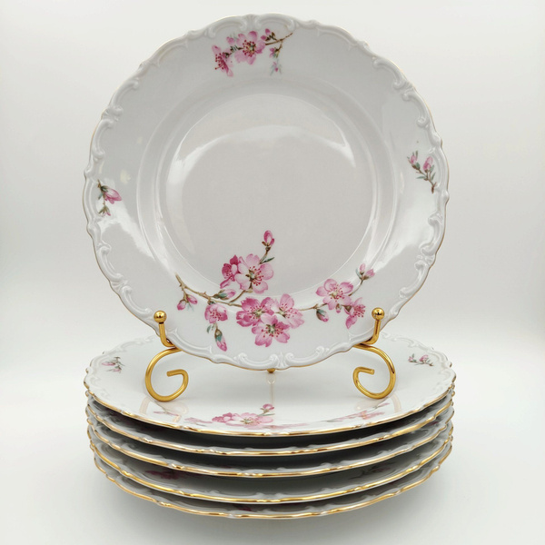 Набор из 6-ти обеденных тарелок, украшенный изображениями цветущей вишни, фарфор, золочение ...