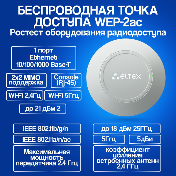 Точка доступа WEP 2ac 802.11 ac 5G WiFi 2.4/5GHz 2х2 MIMO 1 порт 10/100/1000 Base-T48 В DC-PoE ...