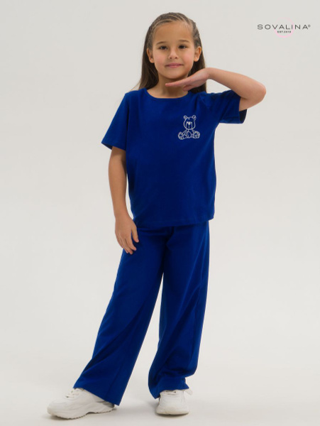 Комплект одежды Девочки SOVAlina Повседневный брючный синий, размер 116 Трикотаж, Хлопок Фитнес ...