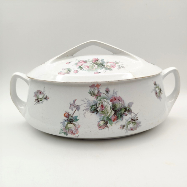 Террина с декором в виде роз для подачи горячих блюд, фаянс, деколь, Товарищество М.С. Кузнецова ...