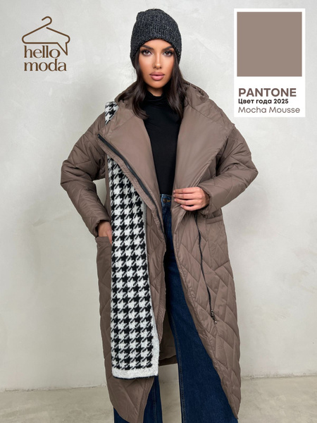Пальто Женский HELLO MODA! Капюшон, Карманы коричневый Полиэстер Длинный Холлофайбер, размер 54 ...