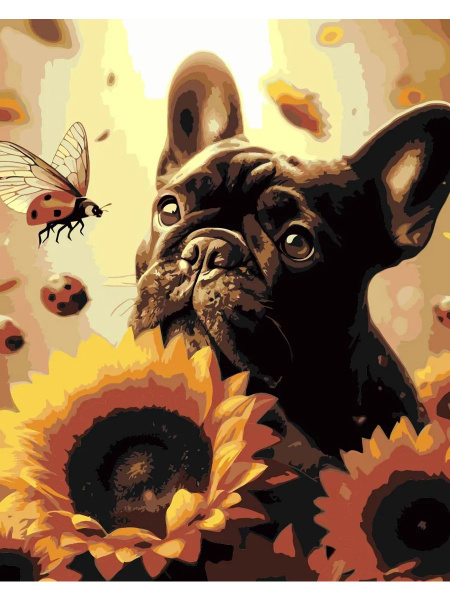 Картина по номерам Французский Бульдог в подсолнухах на деревянном ...
