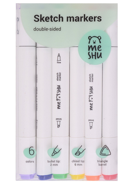 Маркеры для скетчинга 06цв MESHU двусторонние, основные цвета, MESHU ...