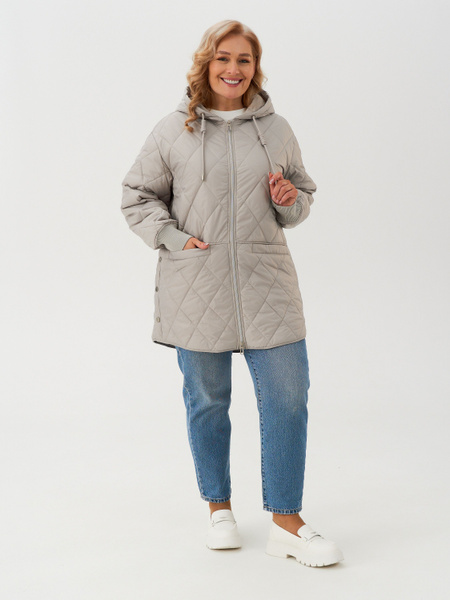 Куртка Женский Elfina Карманы жемчужный серый Полиэстер, размер 44 Длинный Демисезон прямой ...