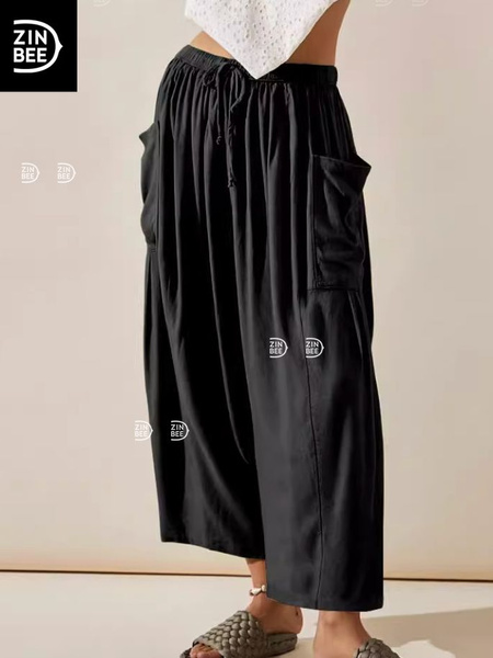 Брюки Женский ZinBee глубокий черный Политекс, Хлопок Повседневный, размер 52 На любой сезон ...