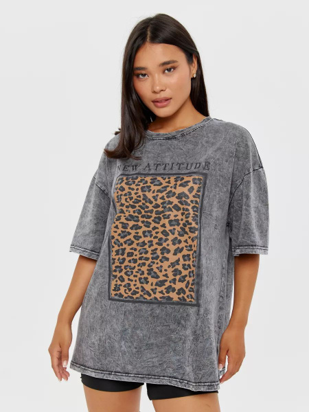 Футболка Женский Pull&Bear пепел Короткий, размер 46 Хлопок Другое облегающий Повседневный ...