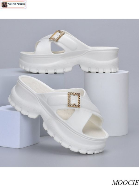 Тапочки Женский MOOCIE, размер 40, 41 белый мрамор Светоотражающие элементы, Стразы Толстая ...