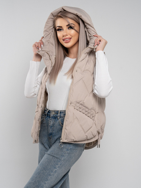 Жилет утепленный Женский KSV&HUV Капюшон, Карманы бежевый, размер 58, 60 Полиэстер Холлофайбер ...