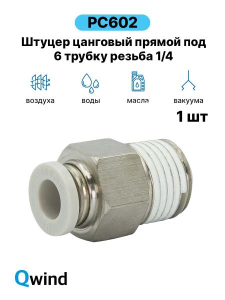 PC602 Штуцер цанговый прямой 1/4 под трубку 6 мм, пневмофитинг Airtac ...