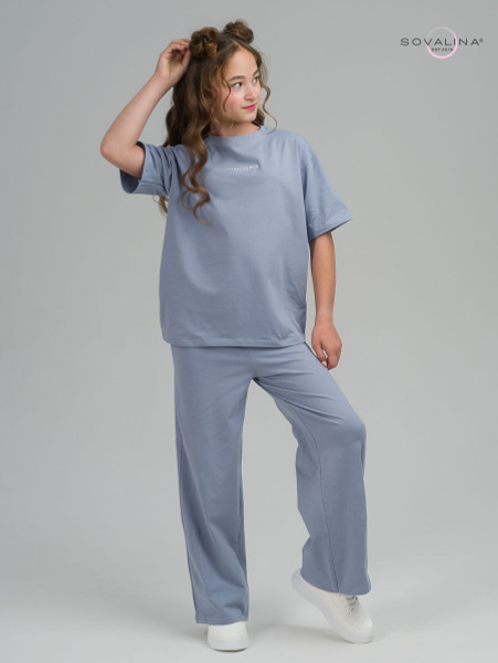 Комплект одежды Девочки SOVAlina Повседневный брючный серо-голубой, размер 134 Трикотаж, Хлопок ...