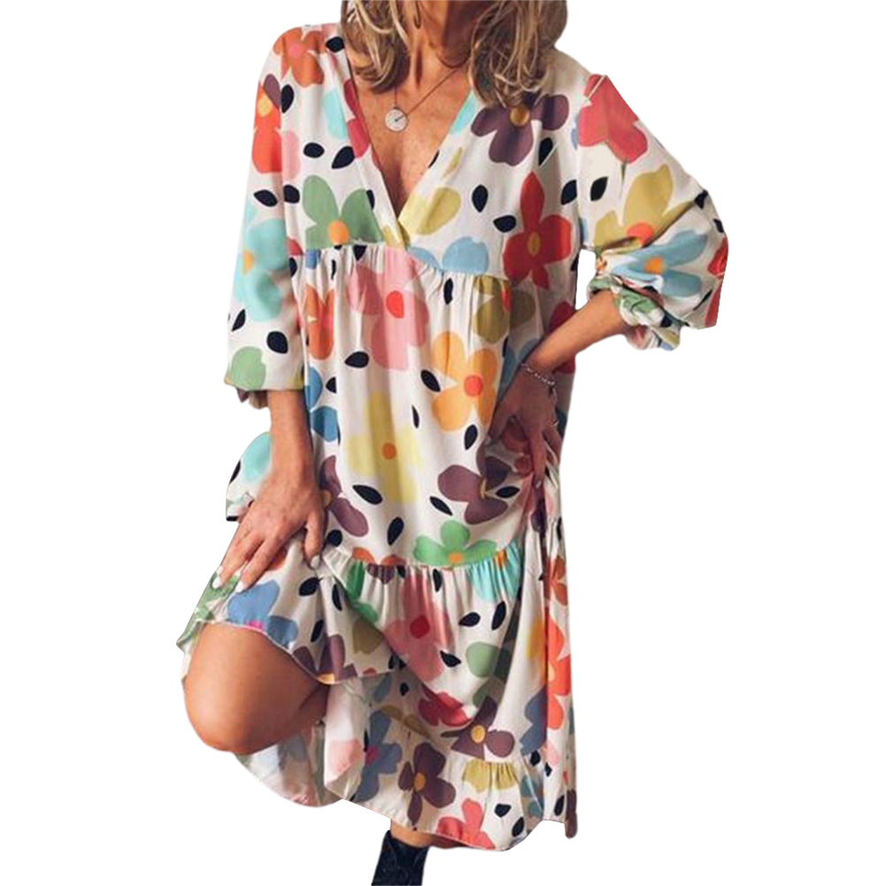 MUSTY Women Summer Stylish Casual Floral Print Long Sleeve V Neck Knee ...