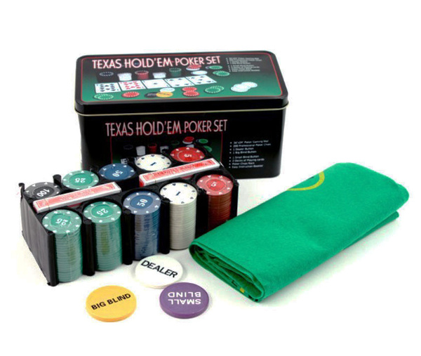 Набор для покера "Holdem Poker" 200 фишек, с номиналом, в жестяной ...