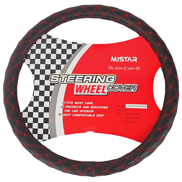 Оплетка руля (XL) 41-43см черная/красная кожаная MISTAR - купить по ...