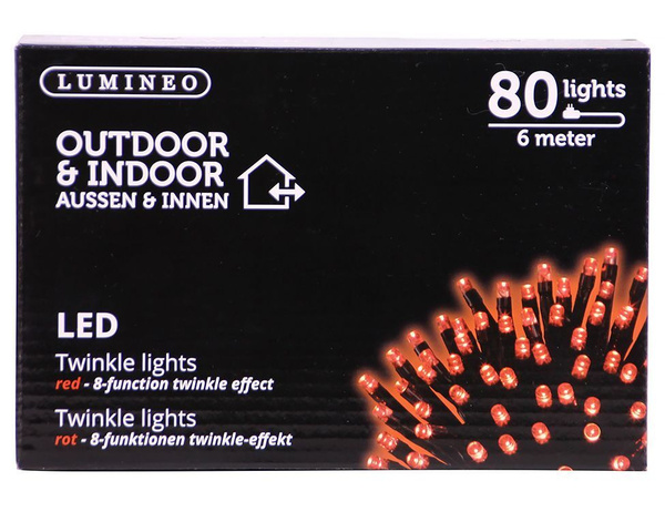 Светодиодная гирлянда нить 80 красных LED ламп 6 м, черный ПВХ, контроллер, IP44, Kaemingk ...