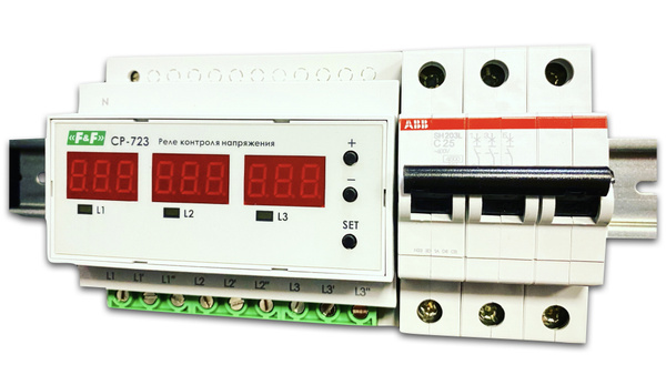 Реле напряжения CP-723 трехфазное, 63A в комплекте с трехфазным автоматом ABB SH203L 25A ...