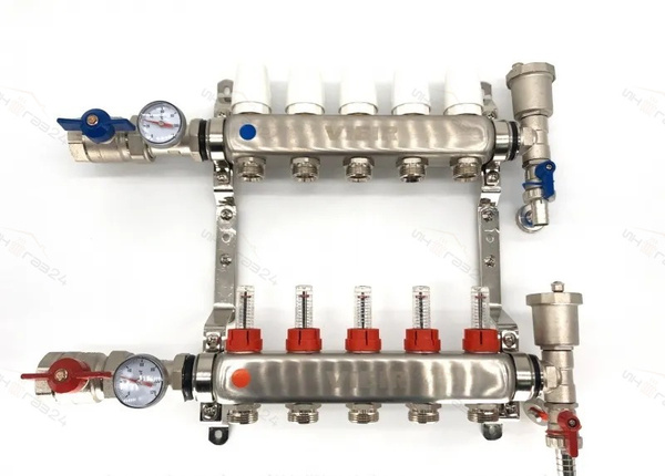 Коллектор для теплого пола в сборе 5 контуров VIEIR НЕРЖ. С КРАНАМИ 1"x3/4" - купить в интернет ...