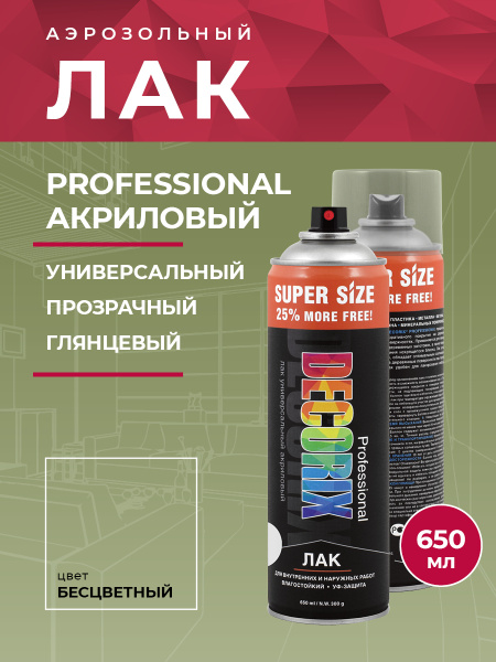 Лак акриловый глянцевый аэрозольный DECORIX в баллончике большого объема 650 мл прозрачный ...