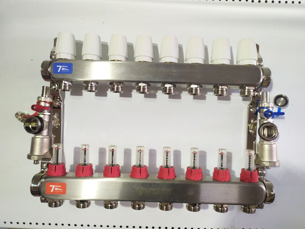 Коллектор для теплого пола 8 контуров в сборе распеределительный с расходометрами 1"x3/4" VIEIR ...