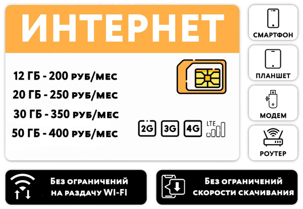 WHYFLY SIM-карта с интернетом 3G/4G/LTE от 200 руб/мес (смартфоны, модемы, роутеры, планшеты ...