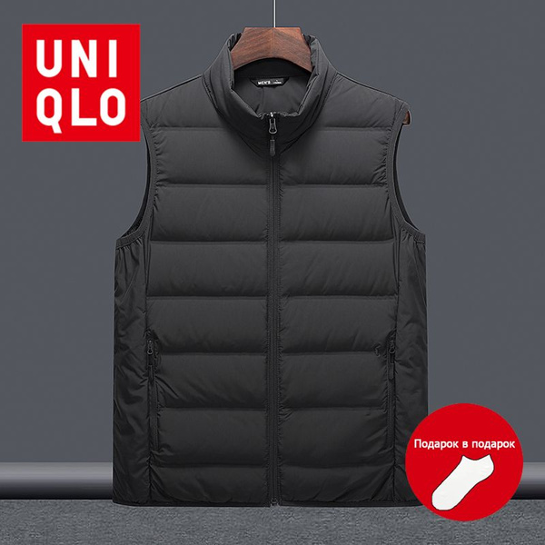 Жилет утепленный Женский Uniqlo Капюшон черно-серый, размер 54 Бархат Гусиный пух, рост 155-185 ...